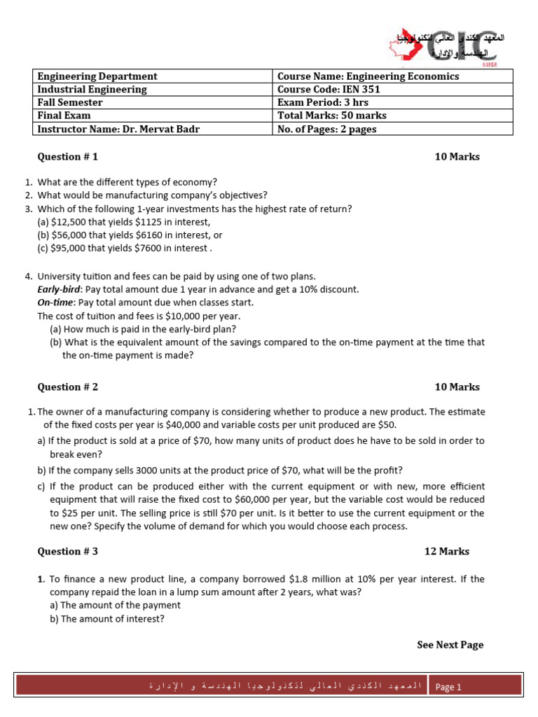 Engineering Economics Final Exam Questions | PDF | Interest | Financial ...