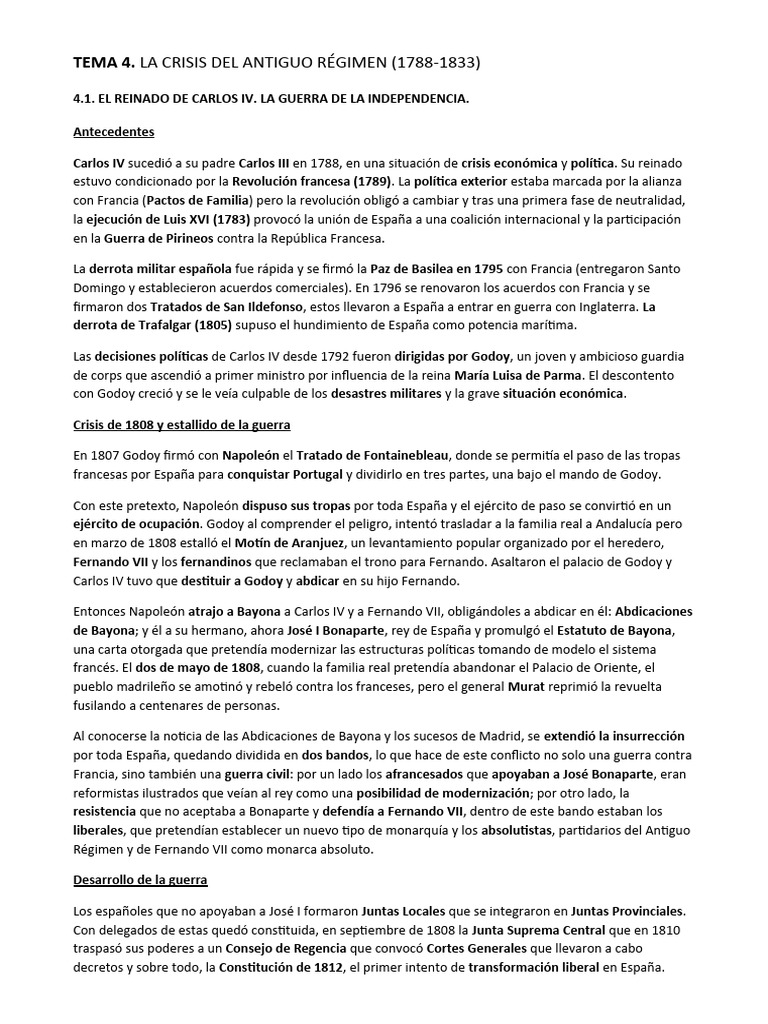 Tema 4. La Crisis Del Antiguo Rã©gimen (1788-1833) | PDF | Guerra peninsular | España