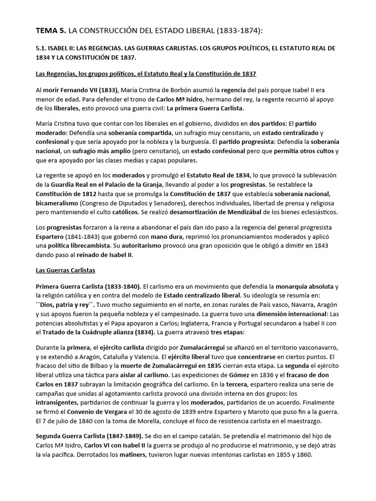 Tema 5. La Construcciã N Del Estado Liberal (1833-1874) | PDF