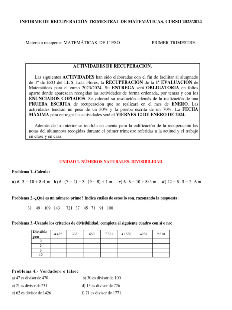 Informe de Recuperación Trimestral Matemáticas 1º ESO Curso 23-24 IES LOLA FLORES | PDF ...