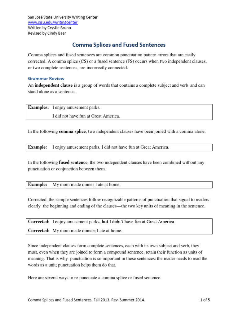 Comma Splices and Fused Sentences | Download Free PDF | Comma | Orthography