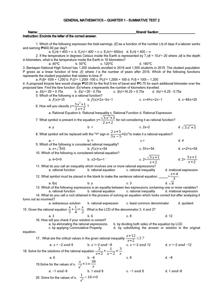 GenMAth-Q1-summative-test-2-2023-24 3 | PDF | Equations | Celsius