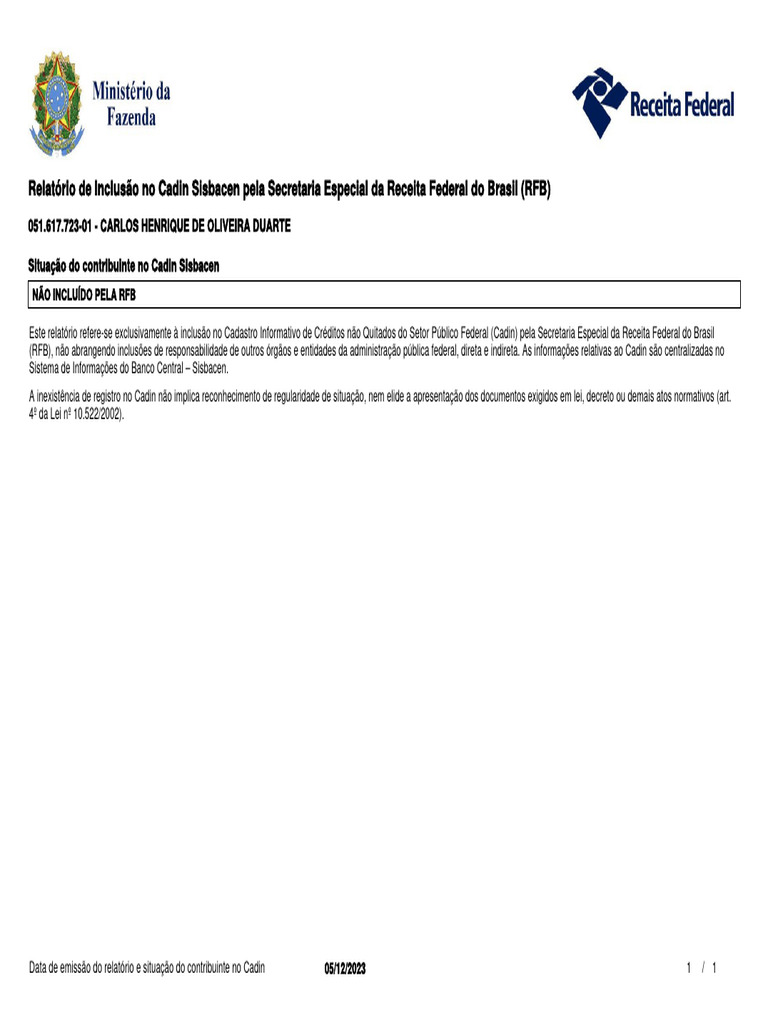 Relatório de Inclusão no Cadin RFB | PDF | Finanças e Administração de ...