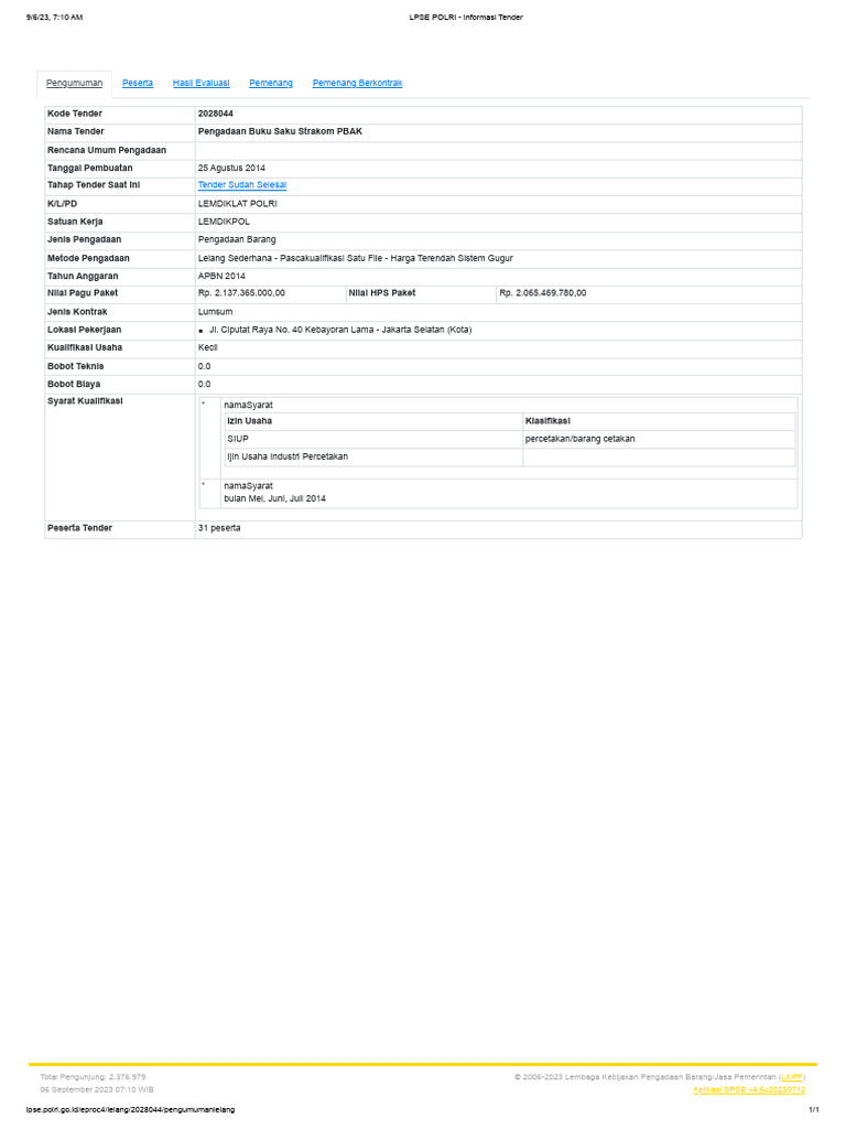Pengadaan Buku Saku Strakom PBAK 2M - LPSE POLRI - Informasi Tender | PDF