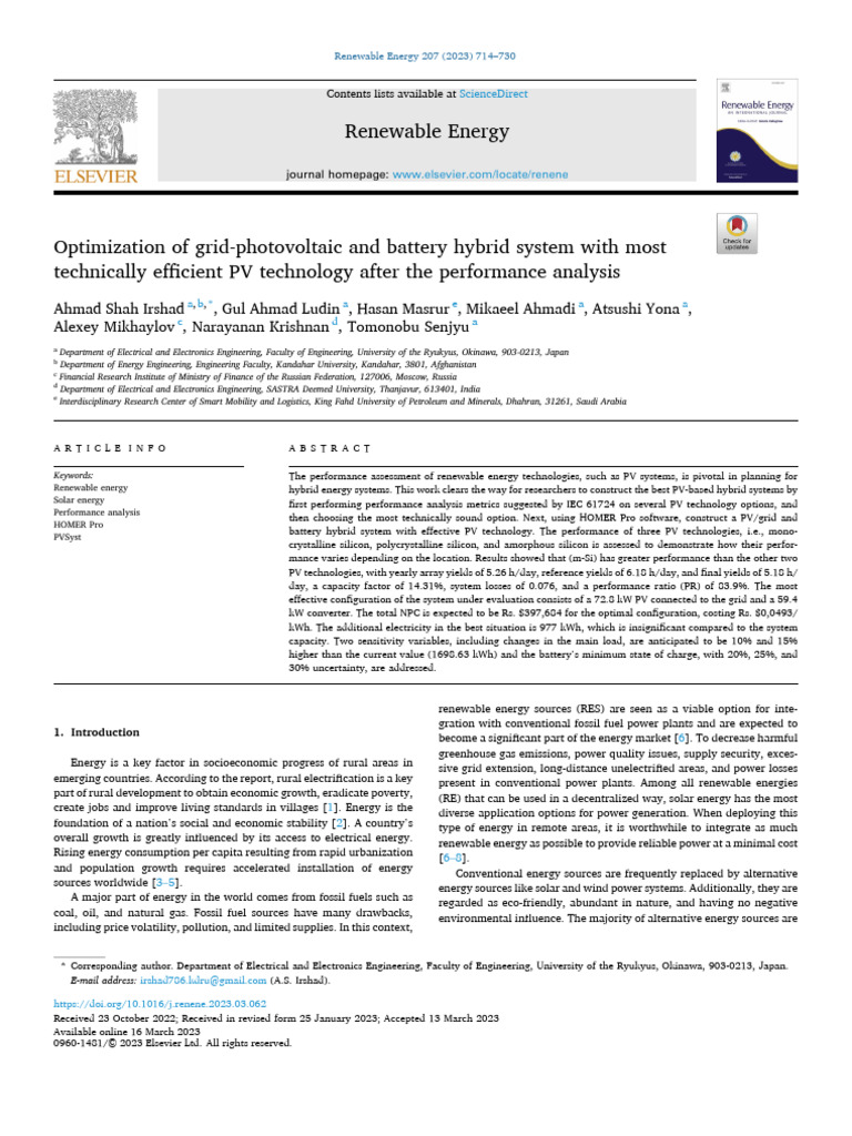 Optimization of Grid-Photovoltaic and Battery Hybrid System With Most Technically Efficient PV ...