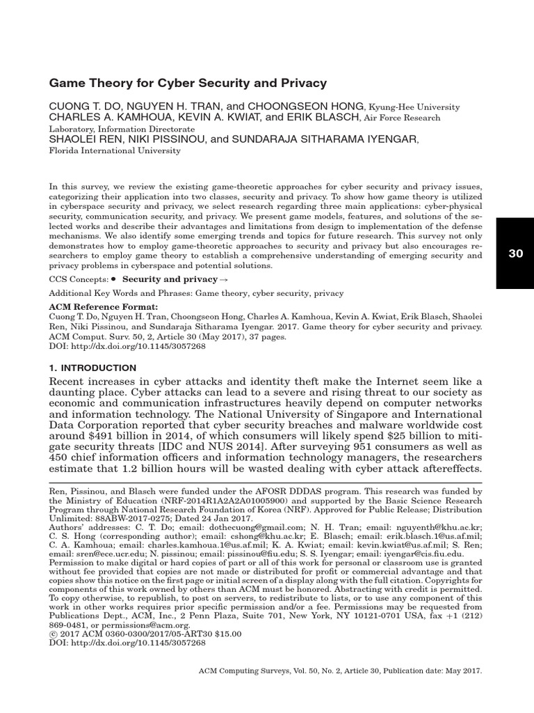 Game Theory For Cyber Security And Privacy Acm Pdf