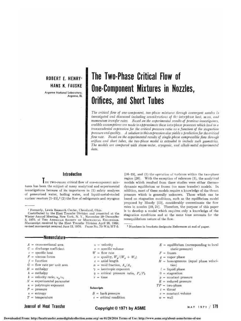 The Two-Phase Critical Flow of One-Component Mixtures in Nozzles ...