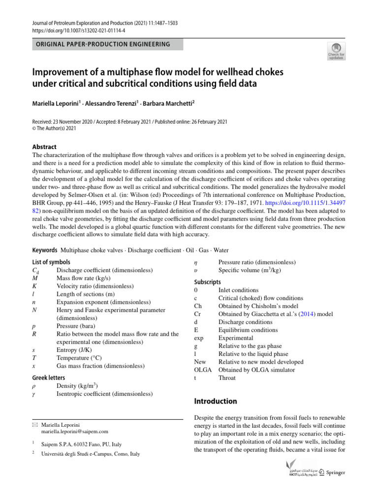 Improvement of A Multiphase Flow Model For Wellhead Chokes Under Critical and Subcritical ...
