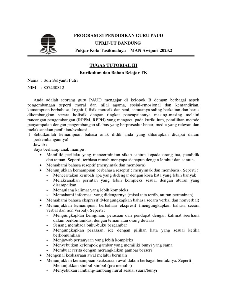 TUGAS TUTORIAL KE 3 - Sofi Sofyanti Futri - 857430812 - Kurikulum Dan Bahan Belajar TK | PDF ...