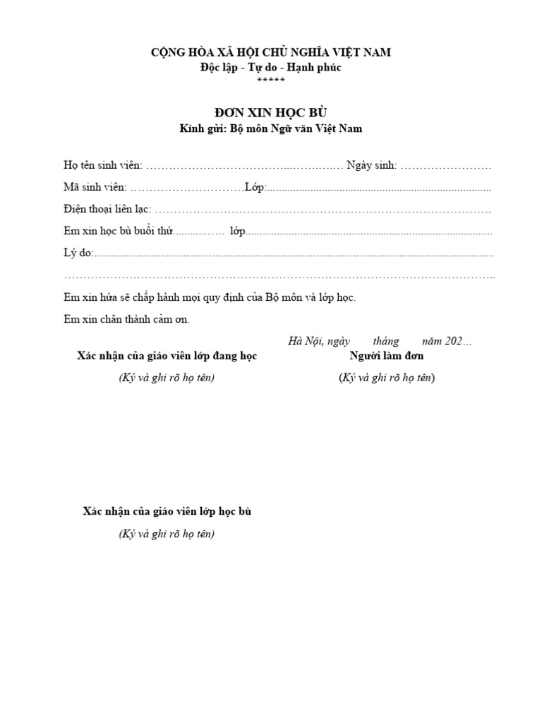 BMNV - Đơn xin học bù | PDF