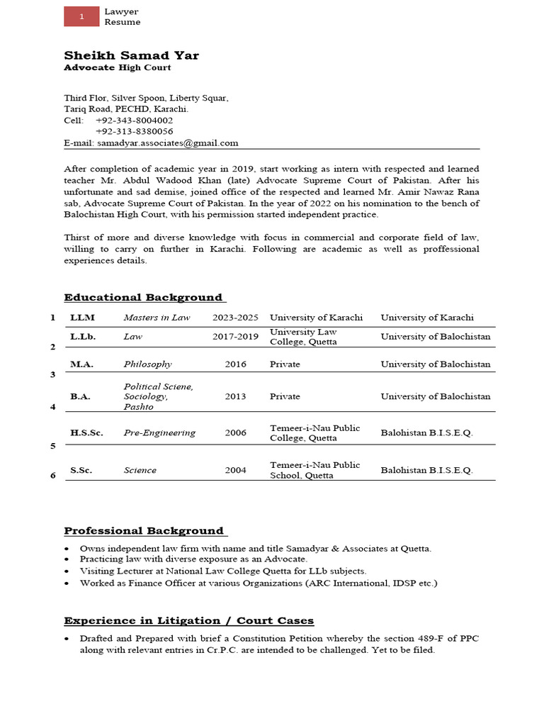 Lawyer Resume of Sheikh Samad Yar | PDF | Trials | Advocate
