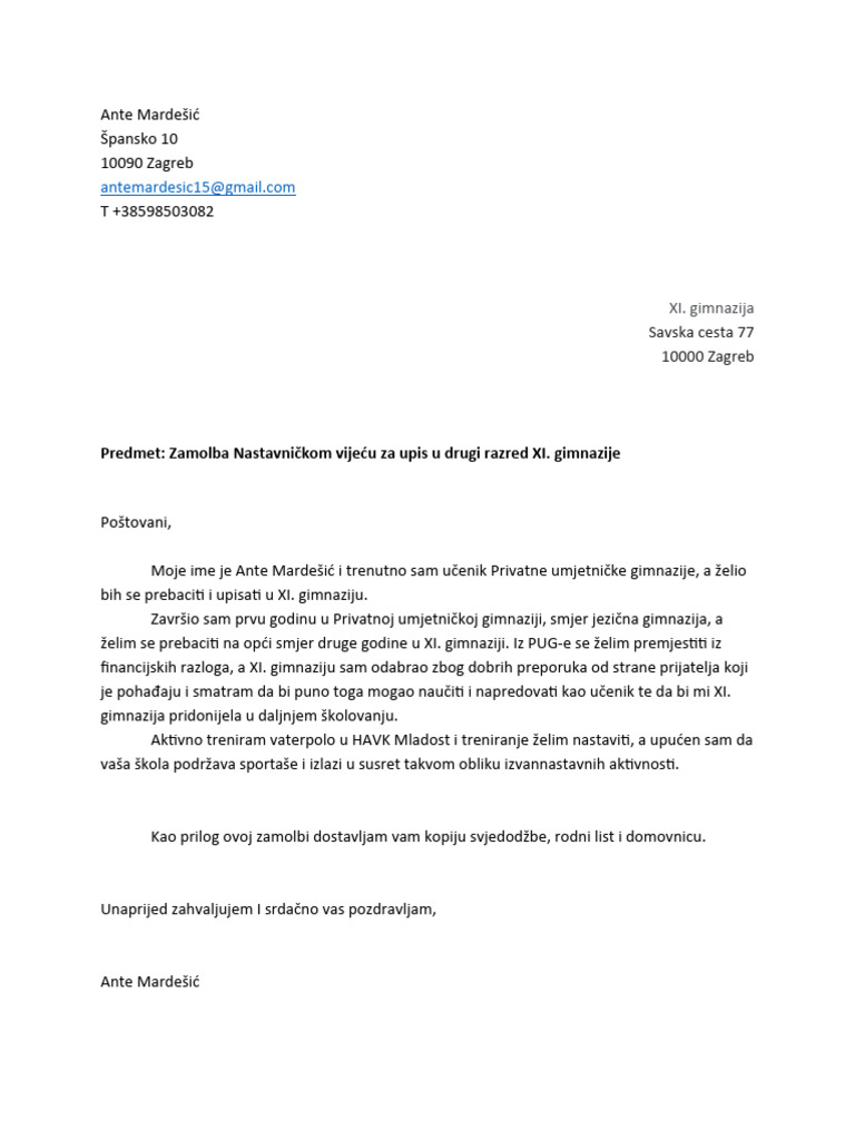 Ante Mardešić-Zamolba Nastavničkom Vijeću Za Upis U Drugi Razred XI ...
