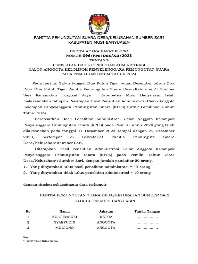 Template Ba Pleno PPS Penetapan Hasil Penelitian Administrasi KPPS Muba ...
