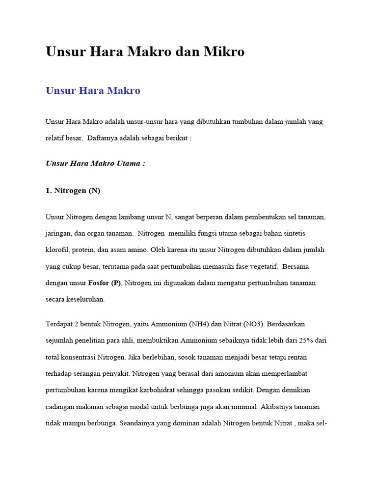 Unsur Hara Makro dan Mikro pada Tanaman | PDF | Sains & Matematika ...