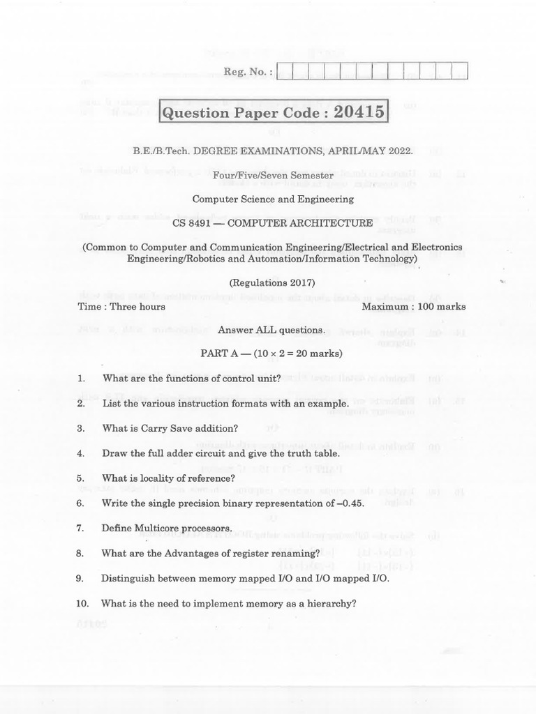 CSE-AM-2022-CS 8491-Computer Architecture-644737289-CS 8491 | PDF