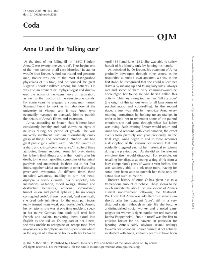 Anna O and The Talking Cure' (2005) - Launer | PDF