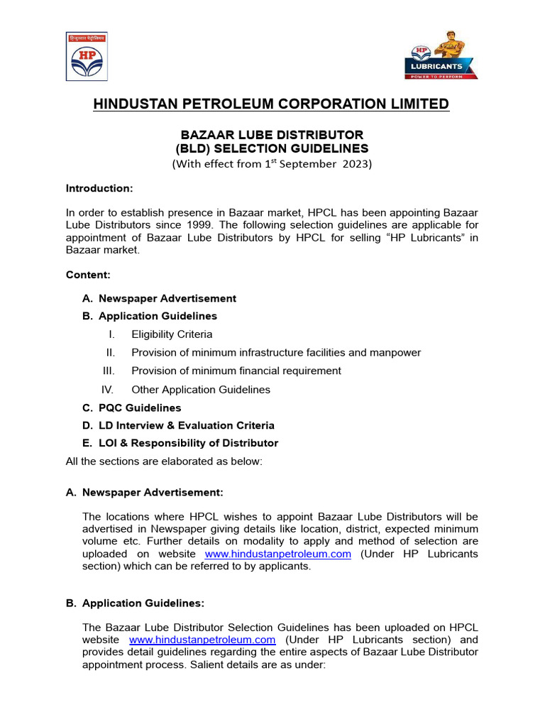 HPCL Bazaar Lube Distributor Guidelines | PDF | Banks | Partnership