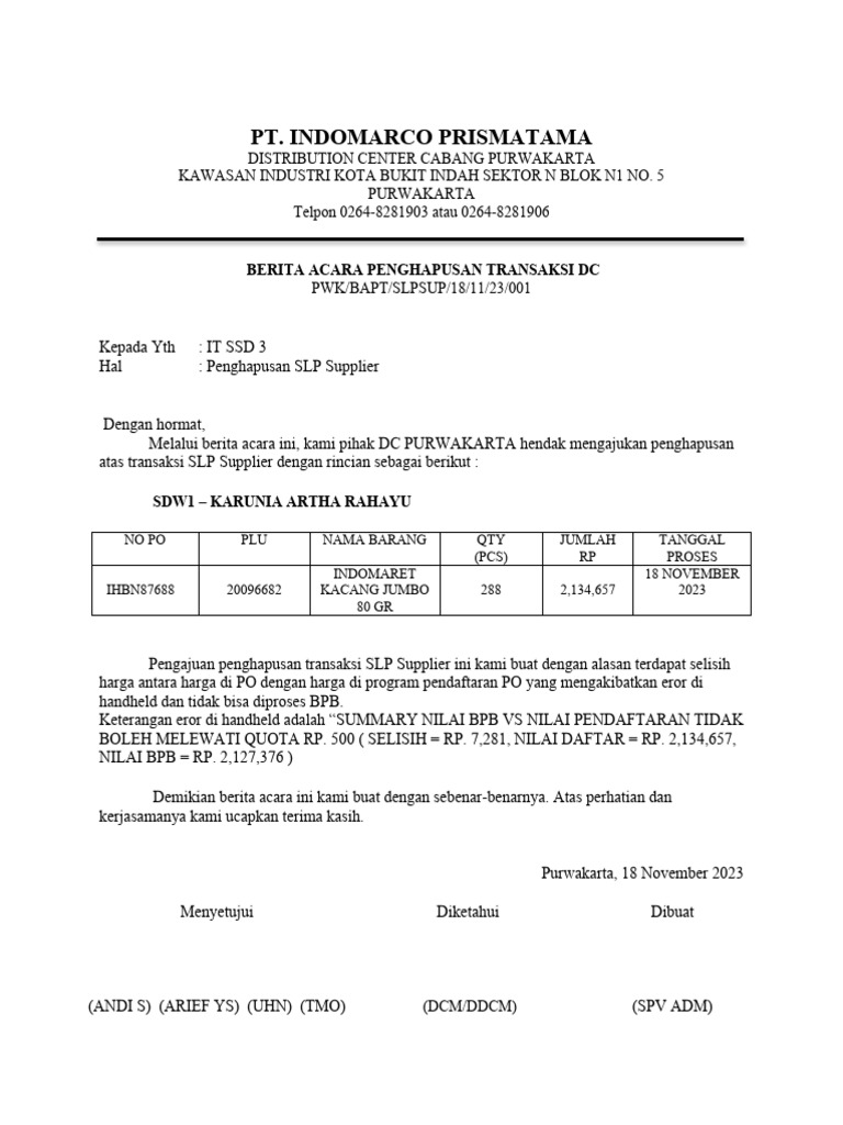 Penghapusan Transaksi SLP Purwakarta | PDF