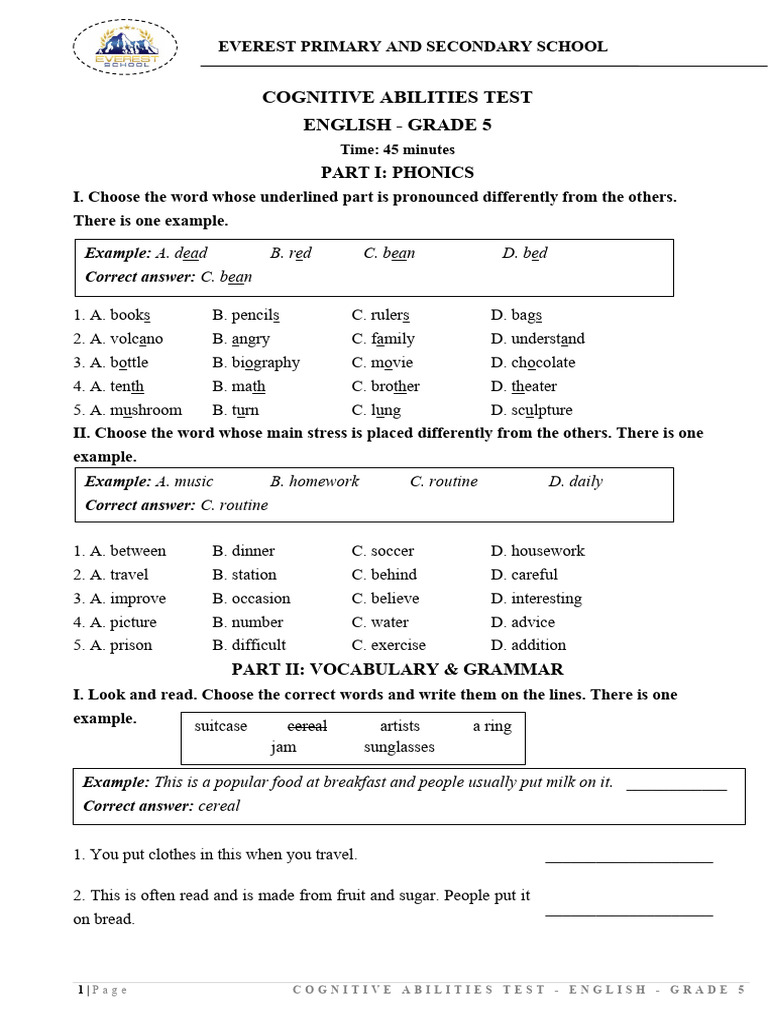 Cognitive Abilities Test - Grade 5 | PDF