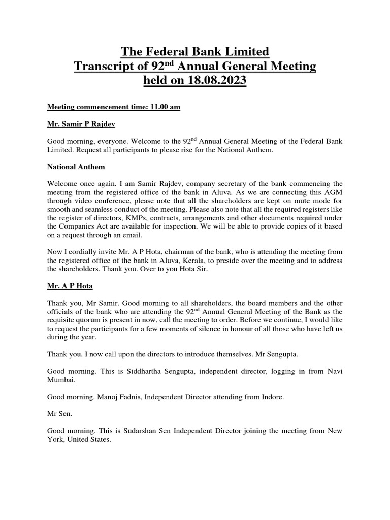 Transcript of 92nd Annual General Meeting | PDF | Dividend | Banks