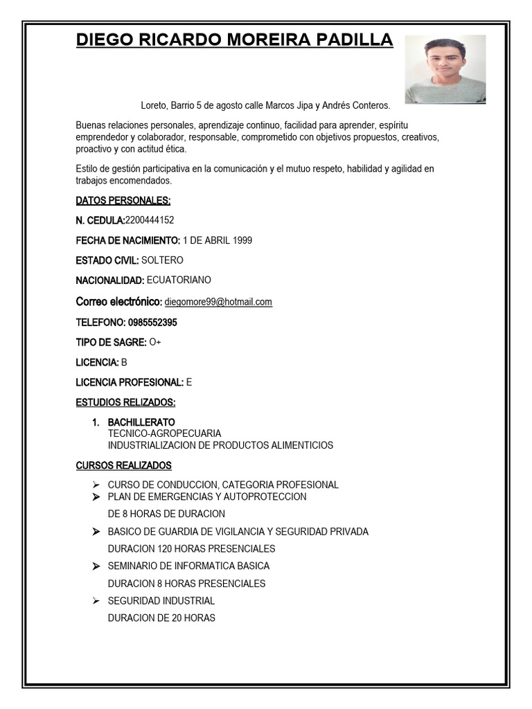 HOJA de VIDA Diego Moreira | PDF