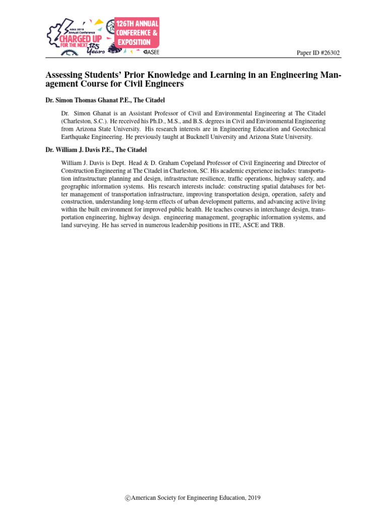 Assessing Students Prior Knowledge and Learning in An Engineering Management Course For Civil ...