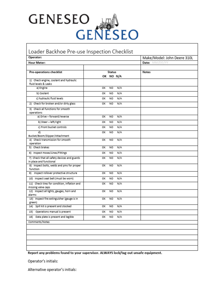 Backhoe Inspection Document | PDF