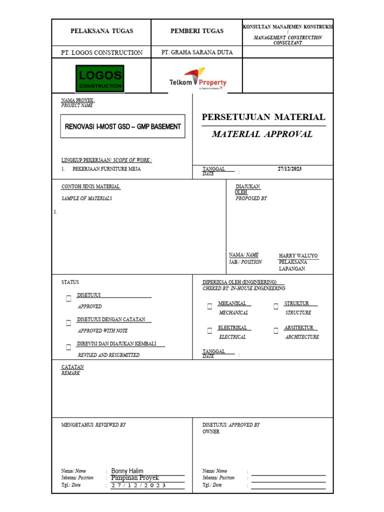 Approval Material HPL Furniture Meja GSD - GMP Basement | PDF