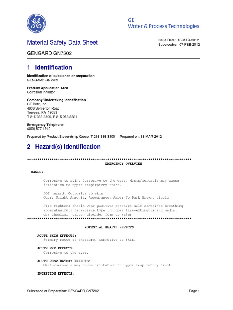 Gengard GN7202 MSDS | PDF | Water | Respiratory System
