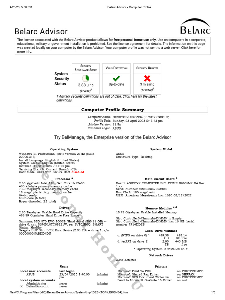Belarc Advisor - Computer Profile | PDF | Microsoft Windows | Microsoft