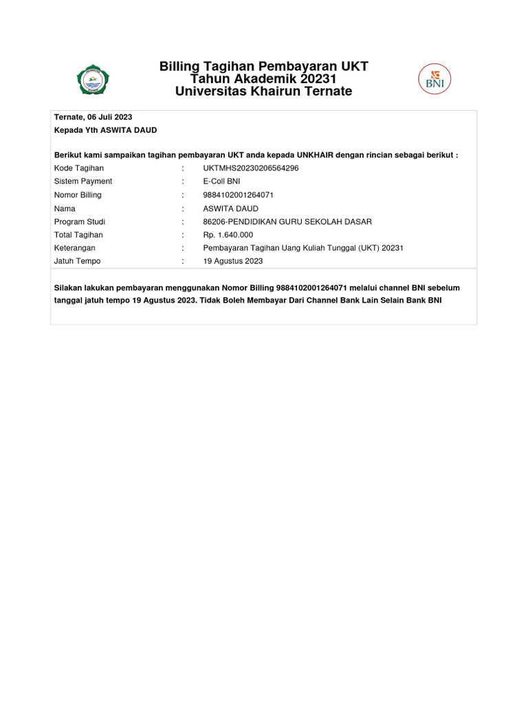 Tagihan UKT 20231 Universitas Khairun | PDF