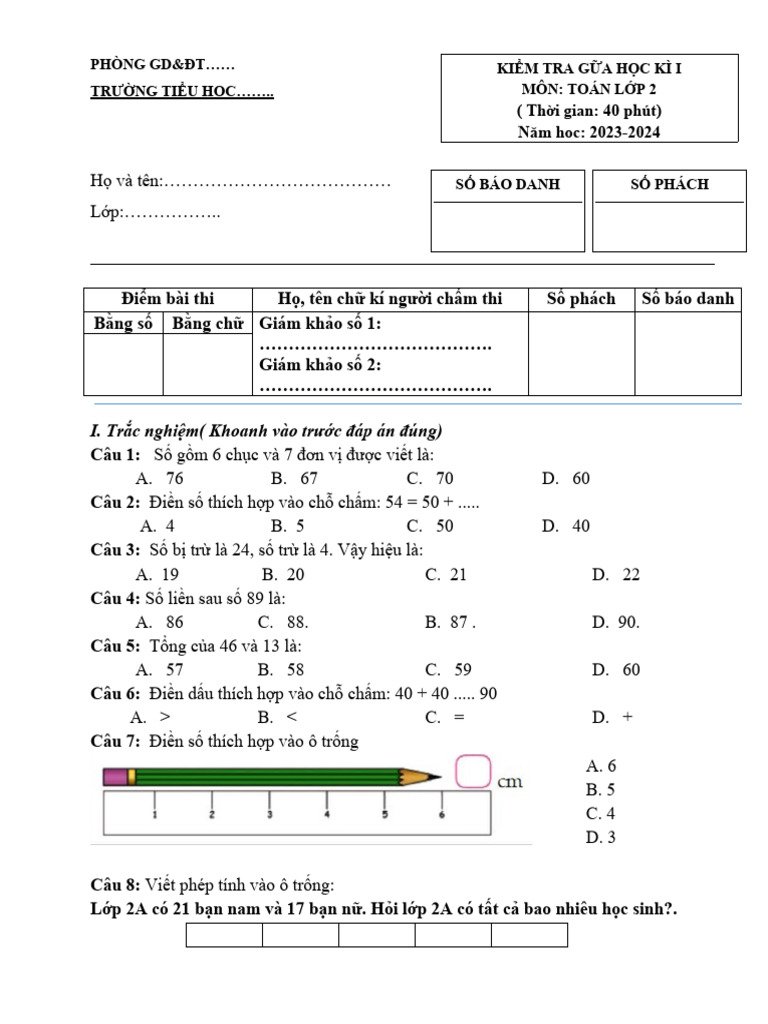 KIỂM TRA GK1 LỚP 2 | PDF