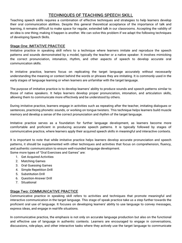 Effective Techniques for Teaching Speech Skills | PDF