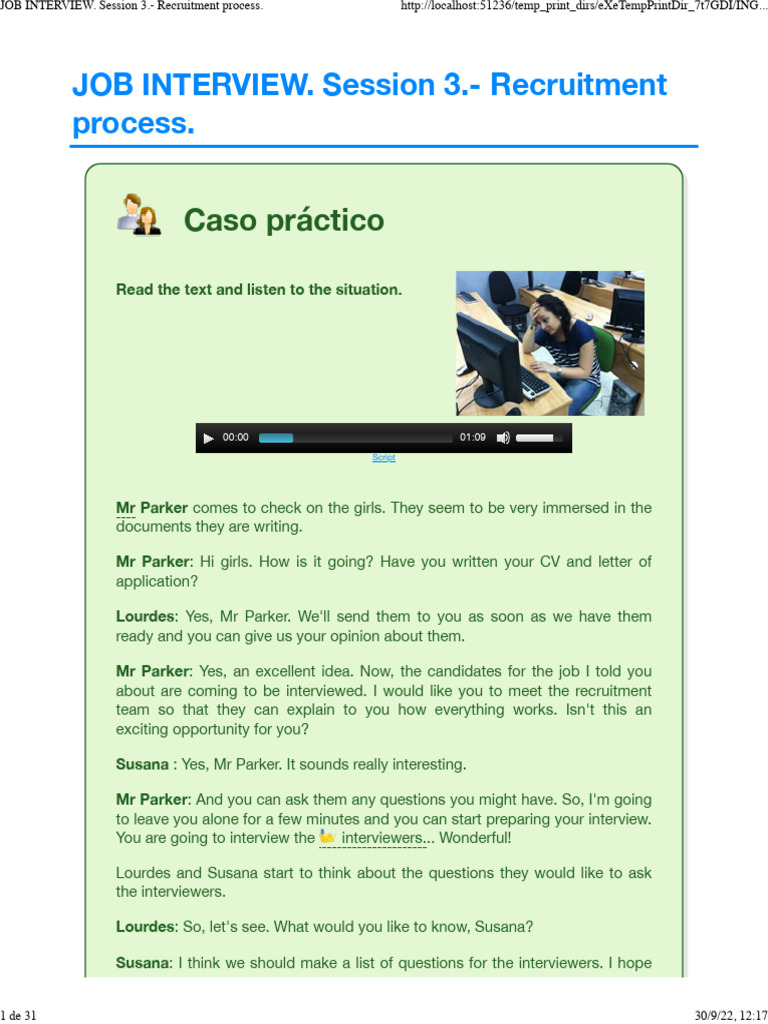 Caso Práctico: JOB INTERVIEW. Session 3.-Recruitment Process | PDF