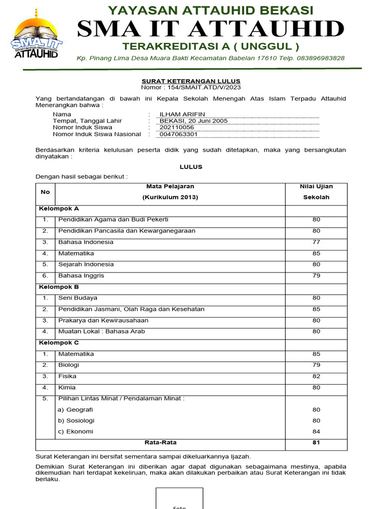 Surat Keterangan Lulus Siswa SMA | PDF
