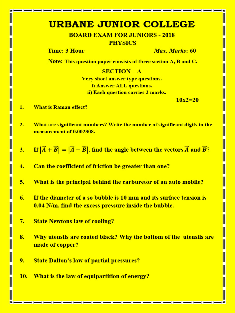 Urbane Junior College Physics Junior Question Paper For The Year 2018 | PDF | Collision | Quantity