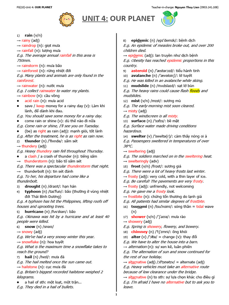 UNIT 4-OUR PLANET (Wordlist) | PDF | Rain | Earth Sciences