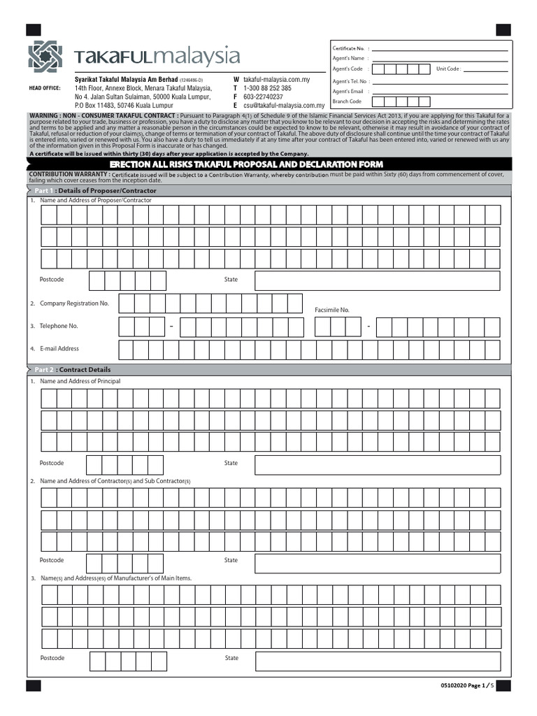 Erection All Risks Takaful Proposal and Declaration Form | PDF ...