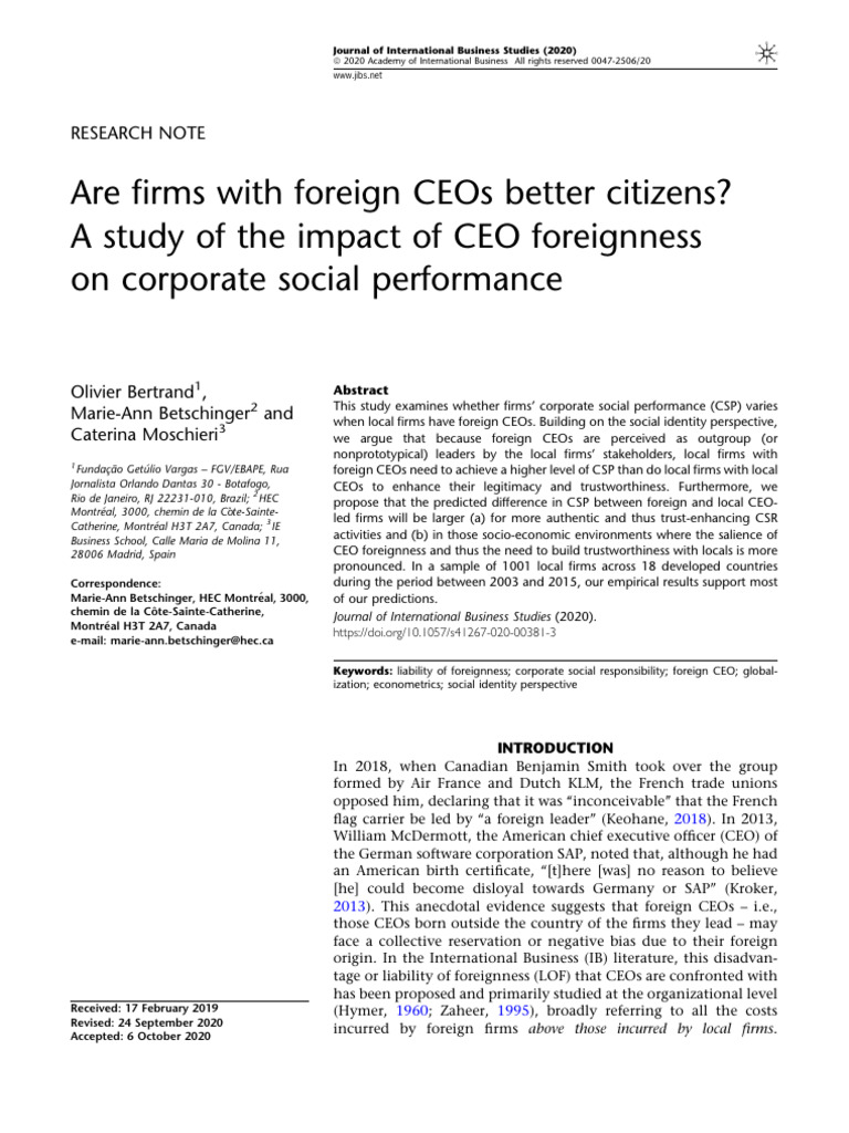 Impact of Foreign CEOs on Corporate Social Performance | PDF ...
