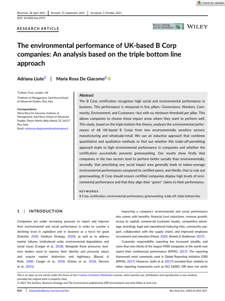 Bus Strat Env - 2021 - Liute - The Environmental Performance of UK Based B Corp Companies An ...