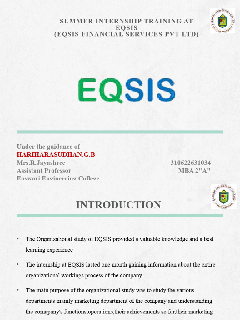 EQSIS Summer Internship Overview | PDF | Marketing | Investing