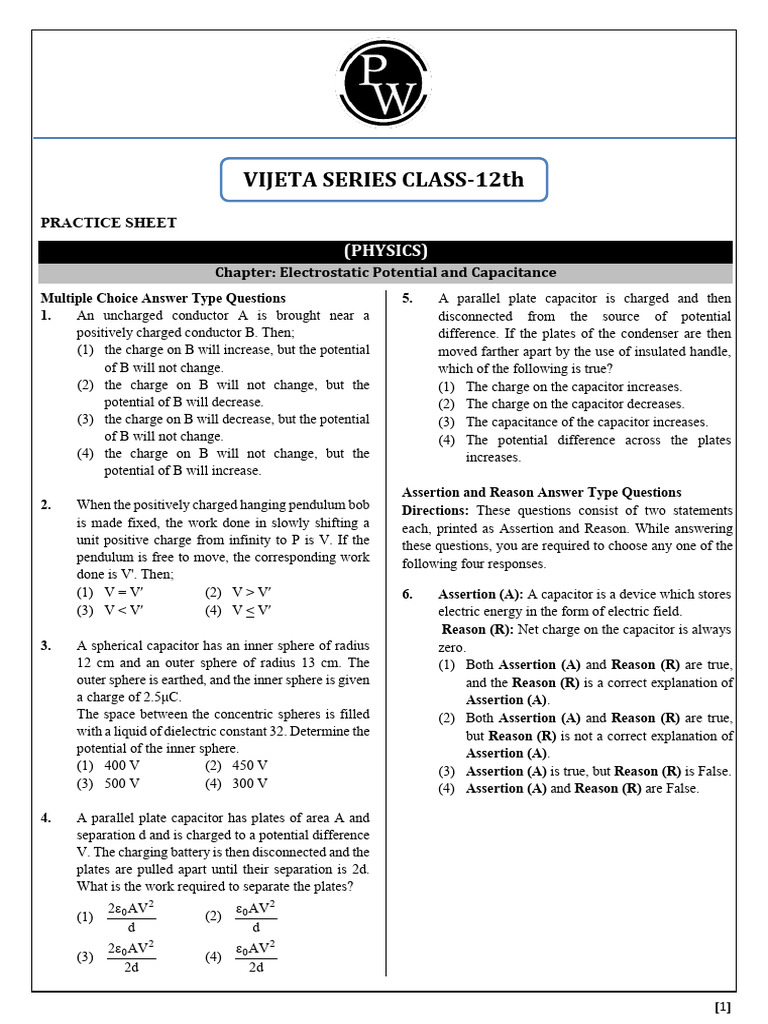 Electrostatic Potential and Capacitance - Practice Sheet - VIJETA SERIES CLASS-12TH | PDF ...