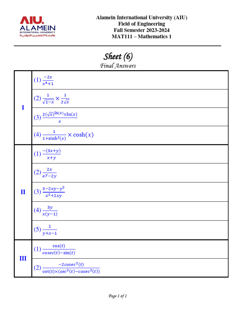 MAT111 - Sheet (6) - Final Answers | PDF