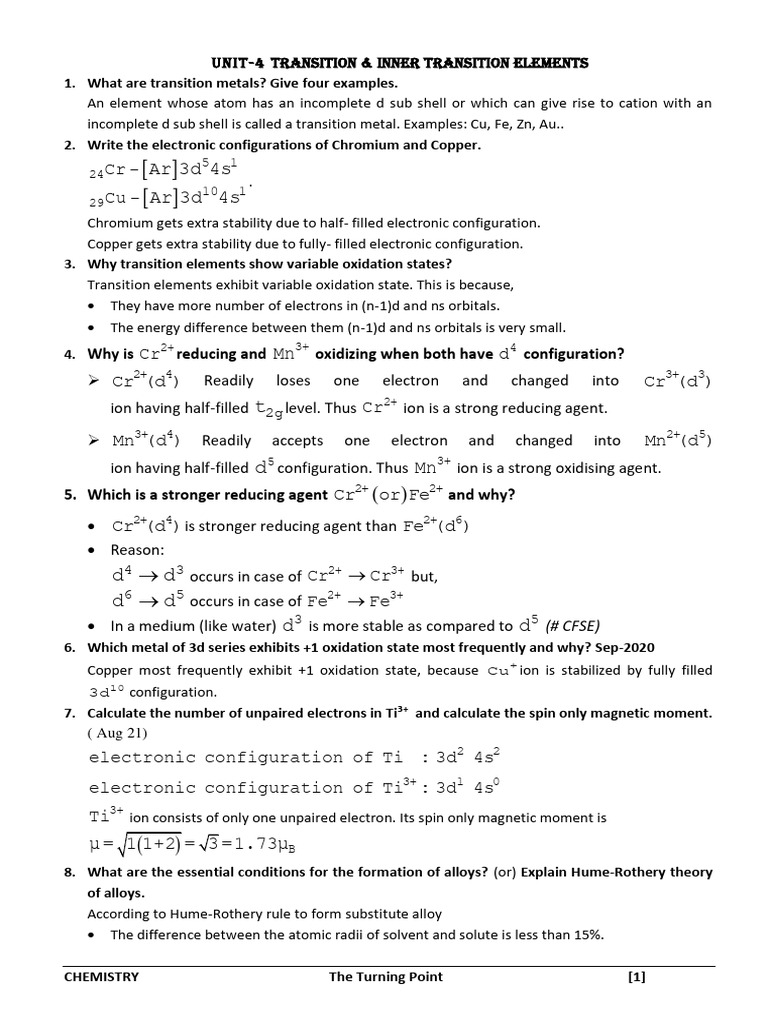 UNIT-4 TRANSITION AND INNER TRANSITION ELEMENTS Mini 2023 | Download ...