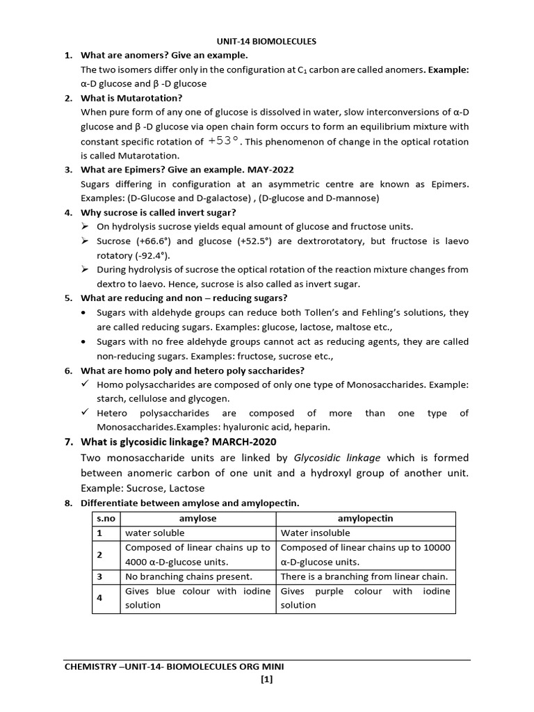Unit-14 Biomolecules Mini 2023 | PDF | Carbohydrates | Glucose