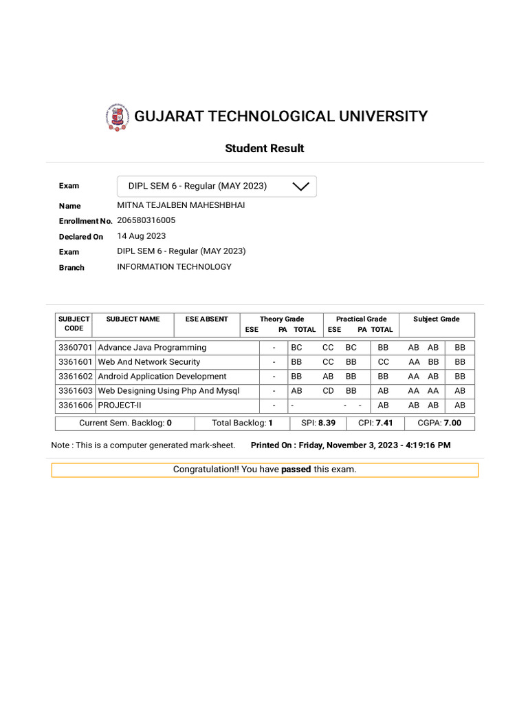 Student Profile at GTU | PDF