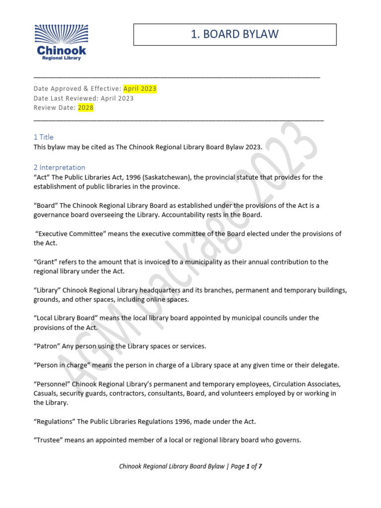 Chinook Regional Library Board Bylaw 2023 | PDF | Board Of Directors ...