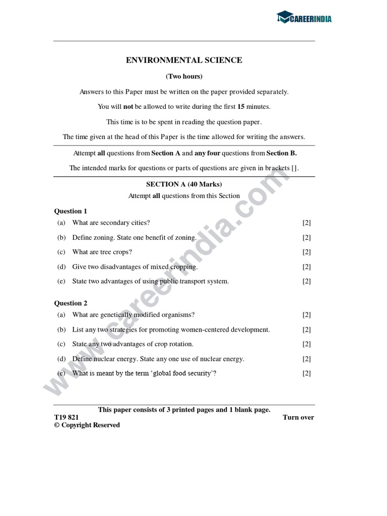 ICSE Environmental Science Question Paper - 2019 | PDF | Sustainability ...
