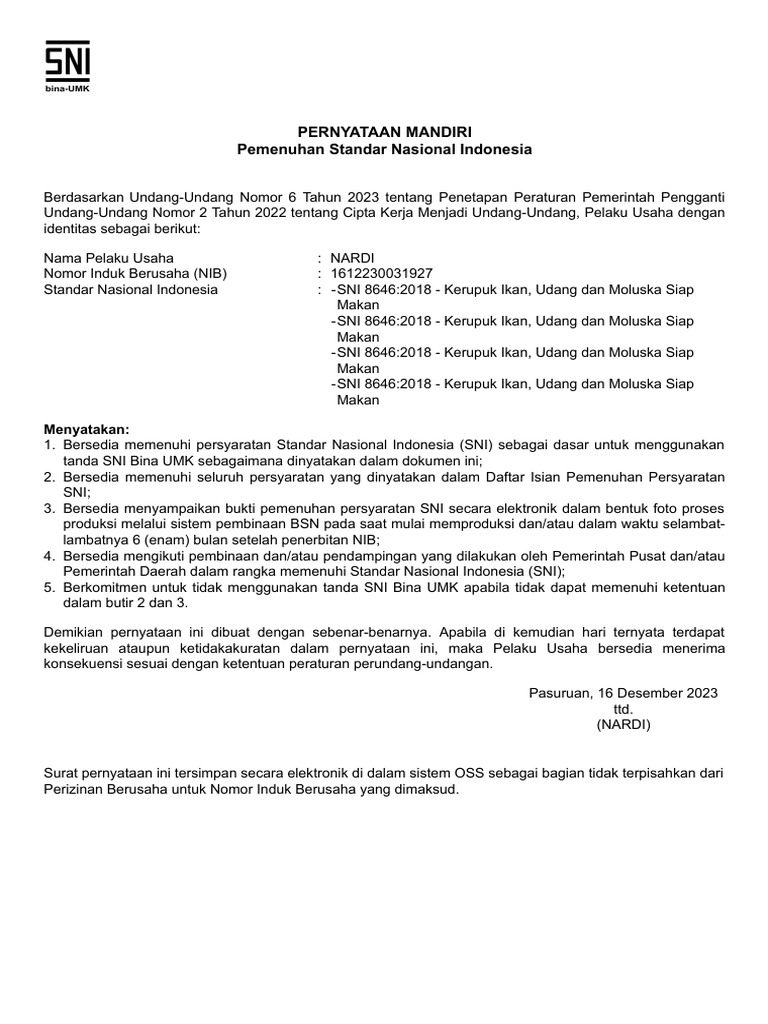 Pemenuhan Standar Sni - Nardi | PDF
