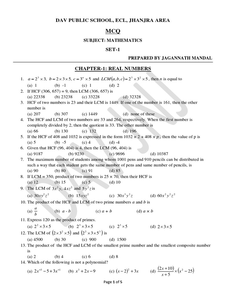 Math SM Class X (Set 1) MCQ | PDF